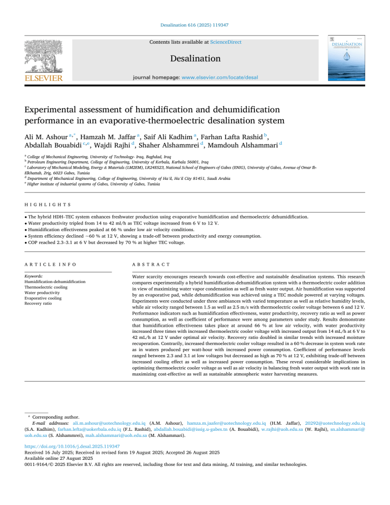 Experimental HDH-TEC Desalination System Analysis