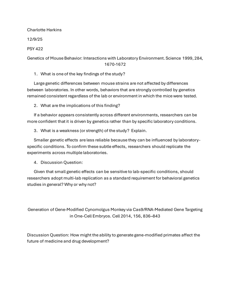 PSY 422 Assignment: Mouse Behavior Genetics & Gene-Modified Primates