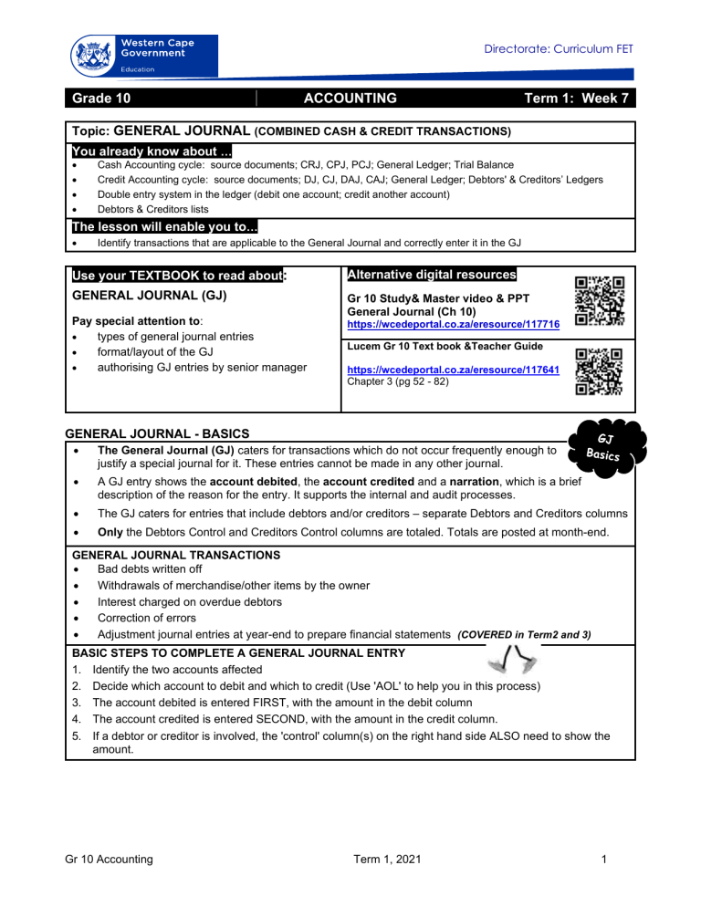 Grade 10 Accounting General Journal Guide