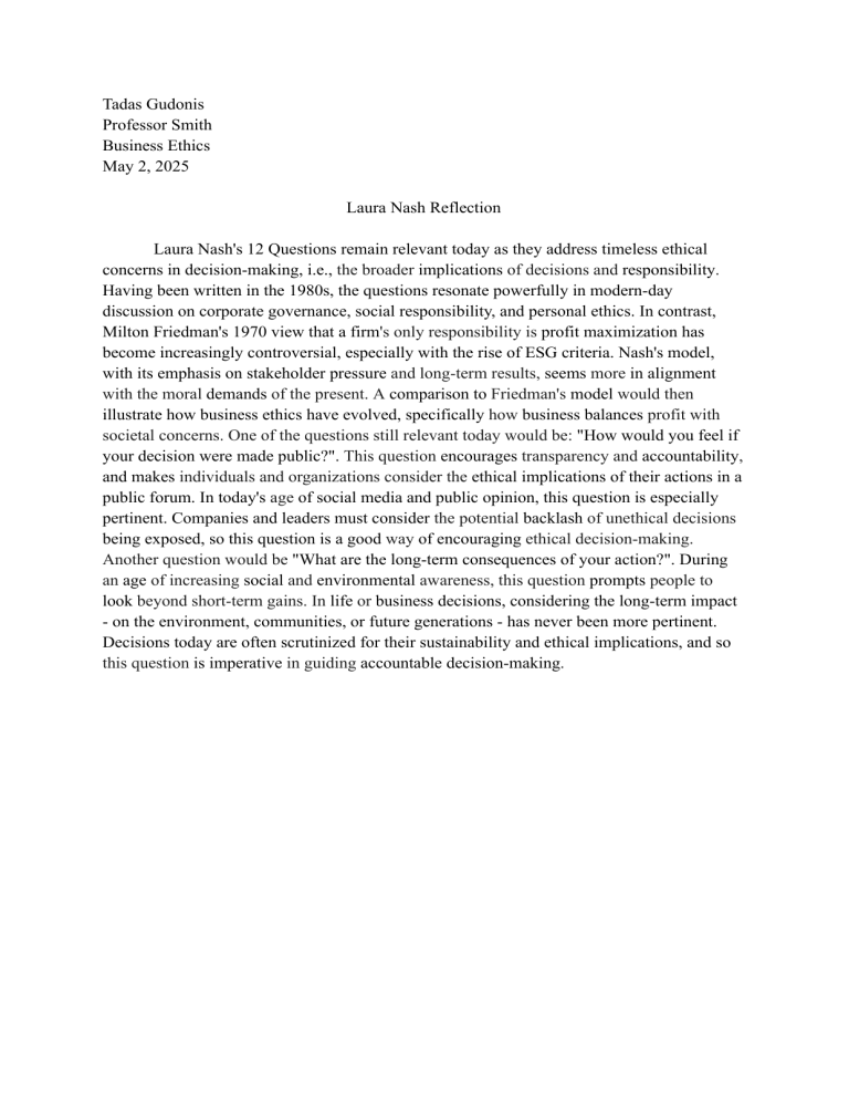 Laura Nash Reflection: Business Ethics Essay