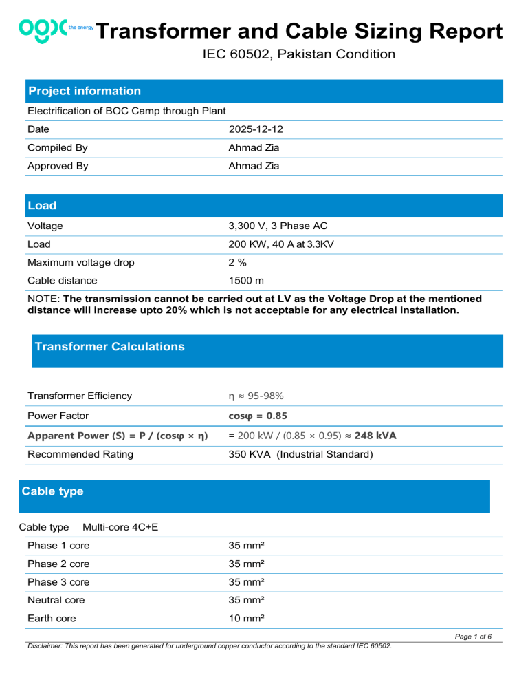 Transformer & Cable Sizing Report IEC 60502