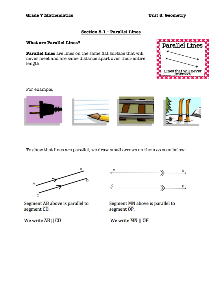 Grade 7 Math: Parallel Lines Unit 8.1
