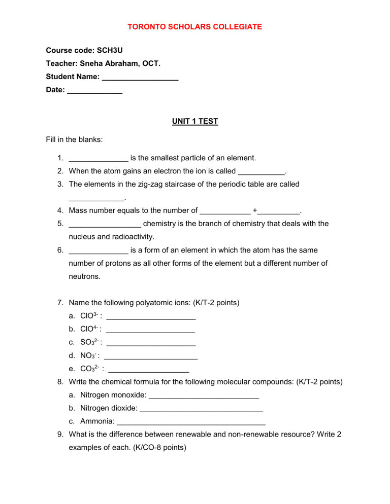 Toronto Scholars Collegiate SCH3U Unit 1 Test