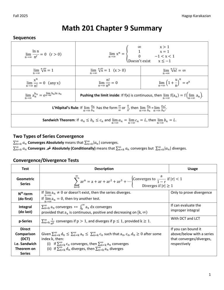 Math 201 Chapter 9: Sequences & Series Summary