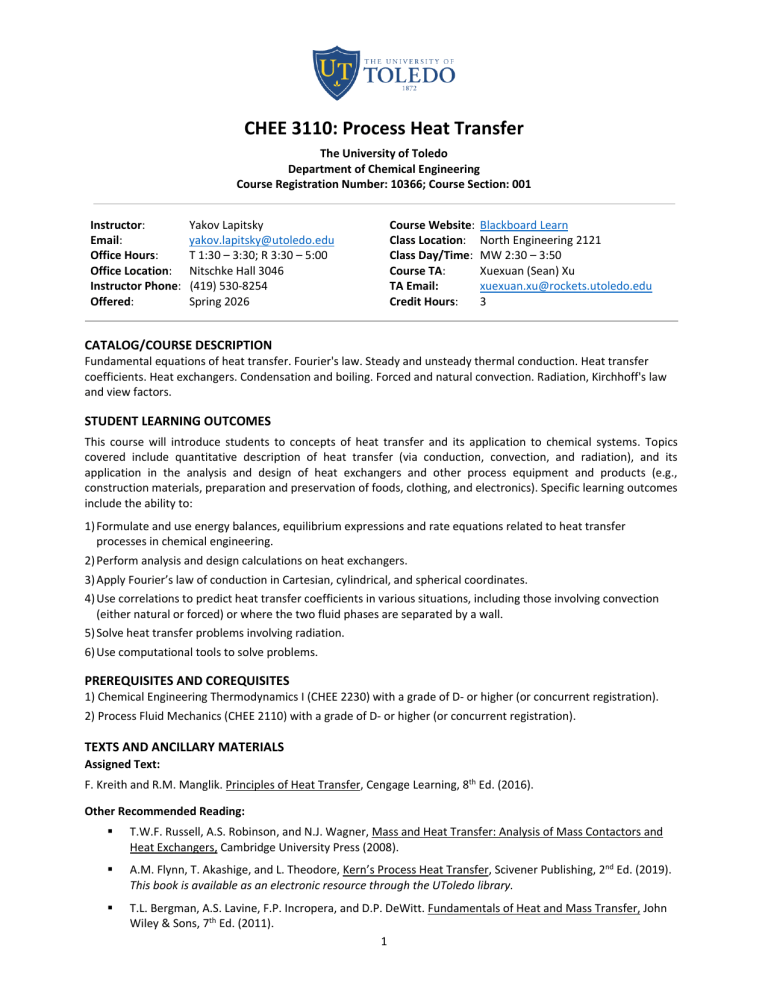 CHEE 3110 Process Heat Transfer Syllabus