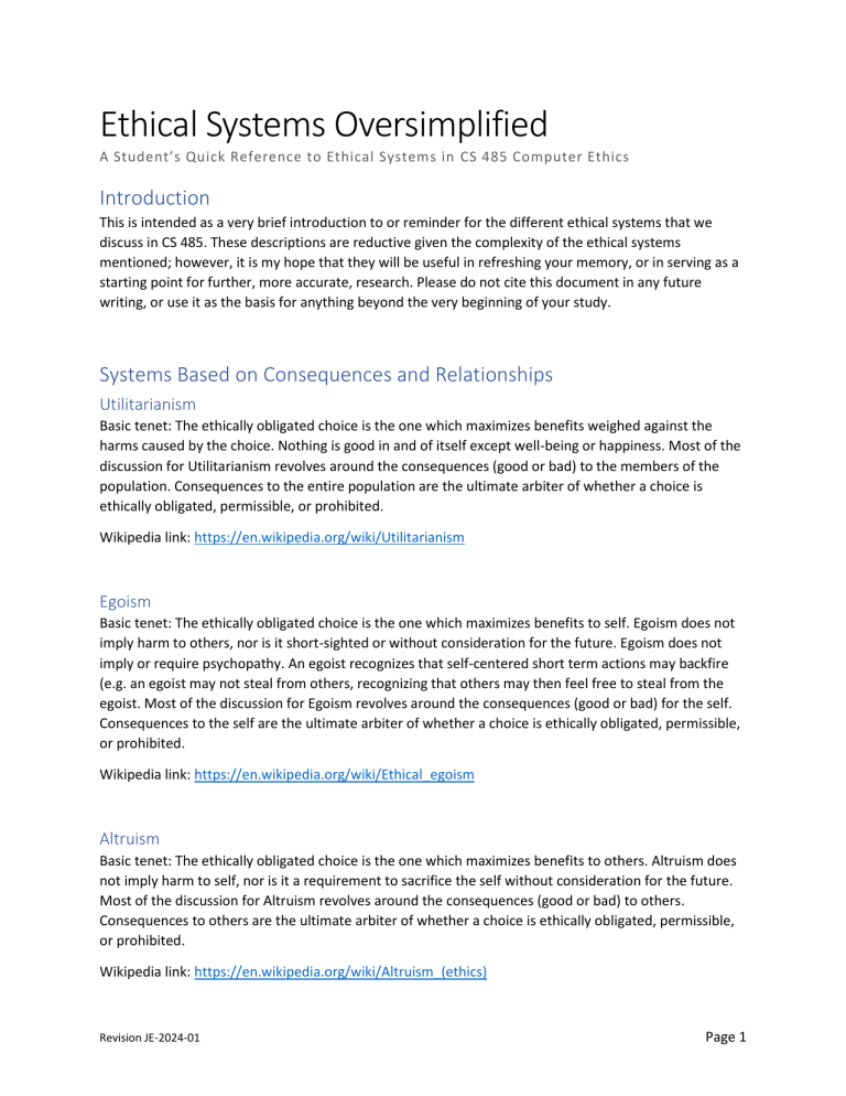 Quick Guide to Ethical Systems in Computer Ethics