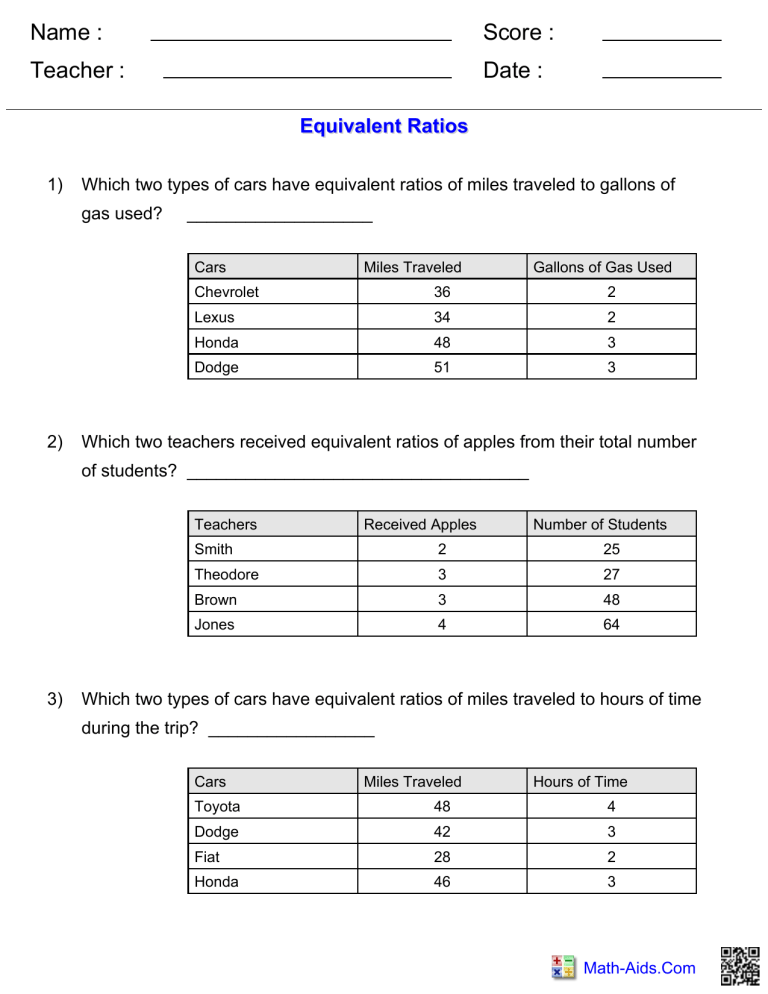 Equivalent Ratios Worksheet with Answers
