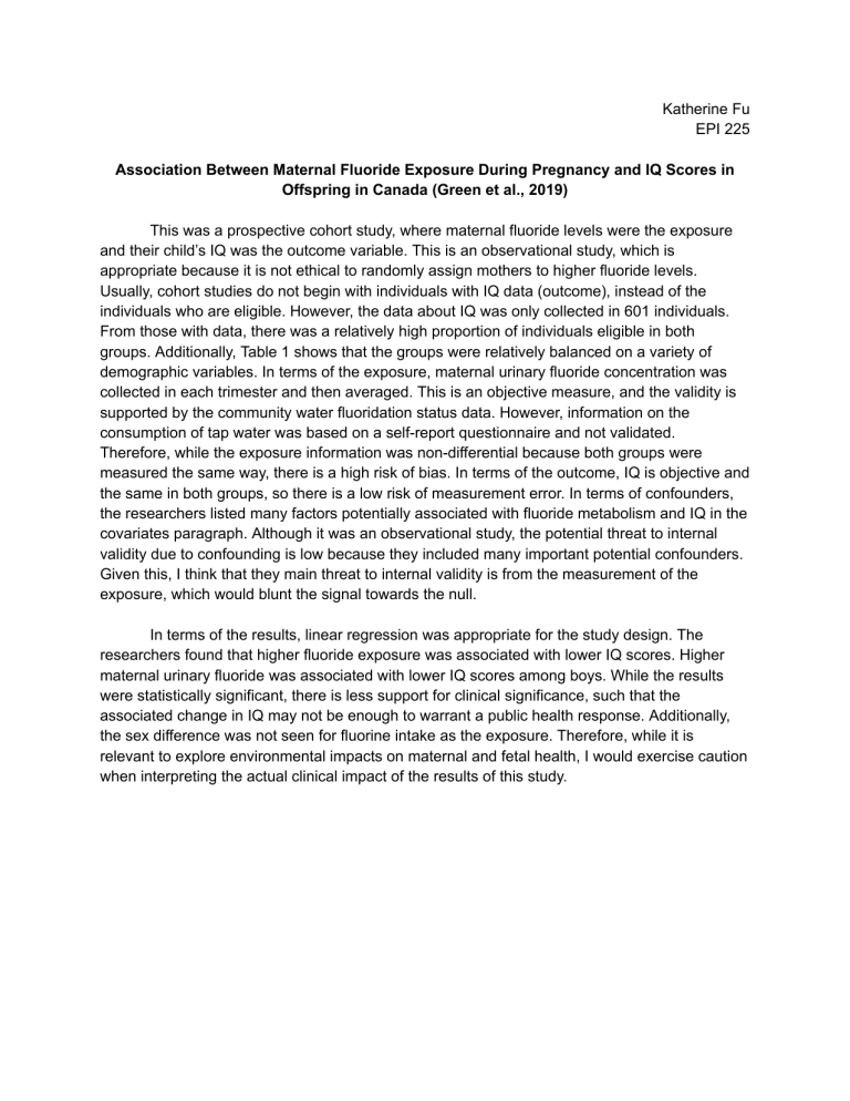 Maternal Fluoride Exposure and IQ Study Analysis
