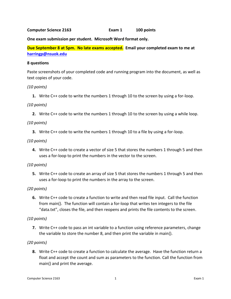 CS 2163 C++ Programming Exam 1