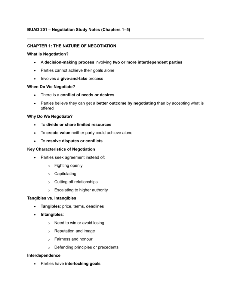 BUAD 201 Negotiation Study Notes (Ch 1-5)