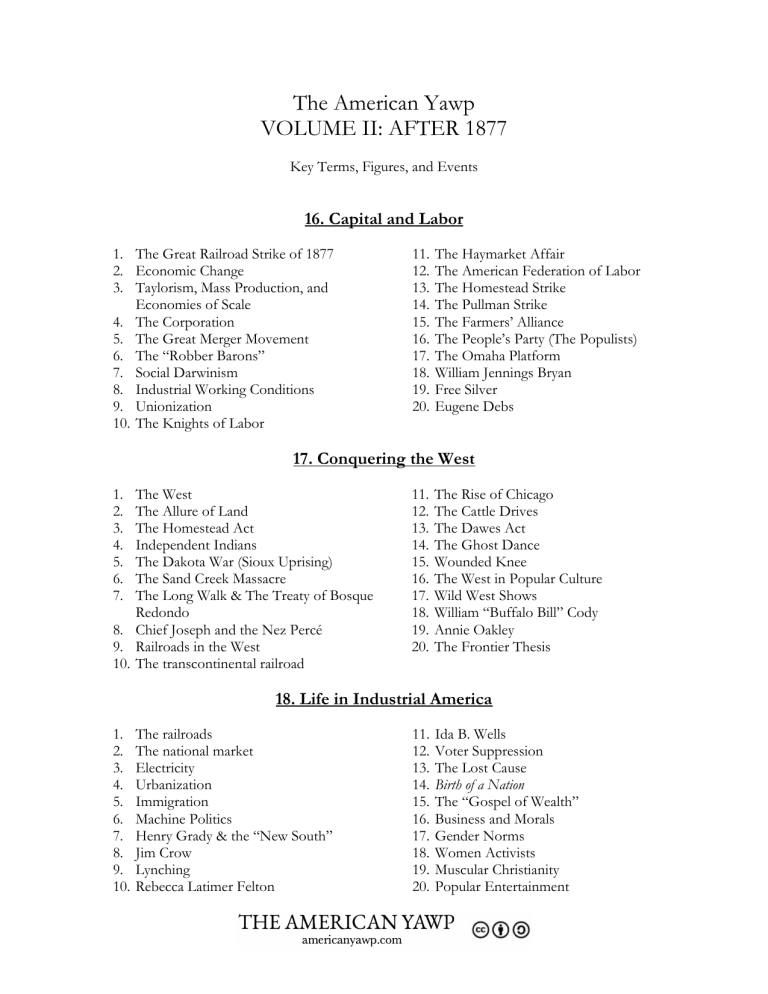 American Yawp Volume II: Key Terms