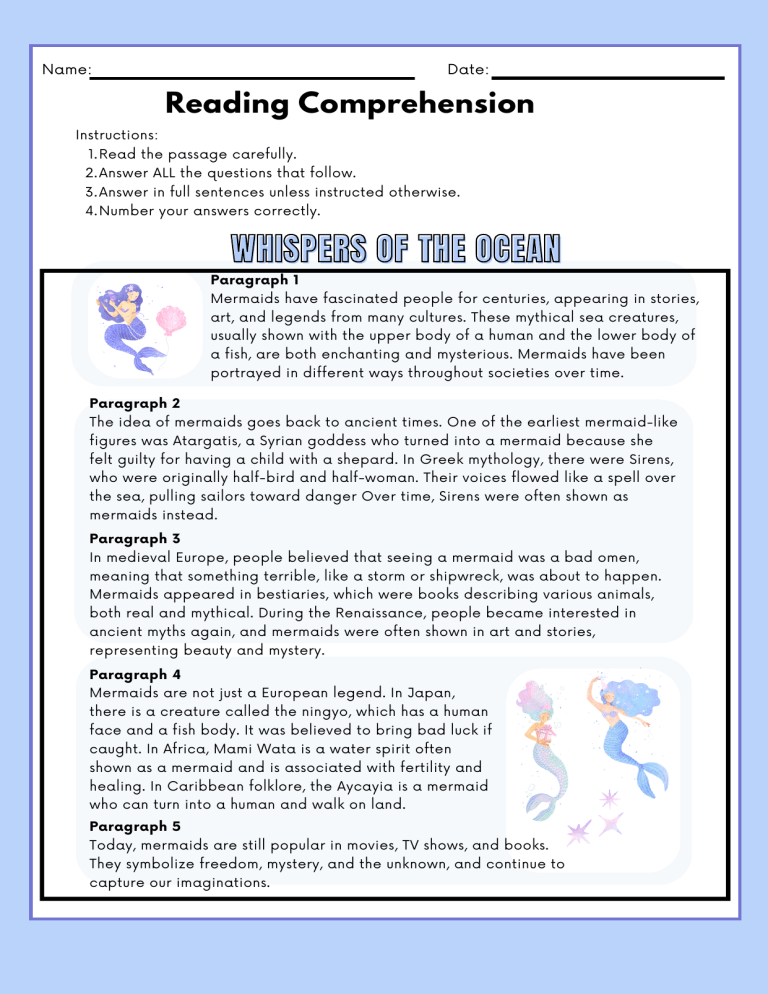 Reading Comprehension: The History of Mermaids Worksheet