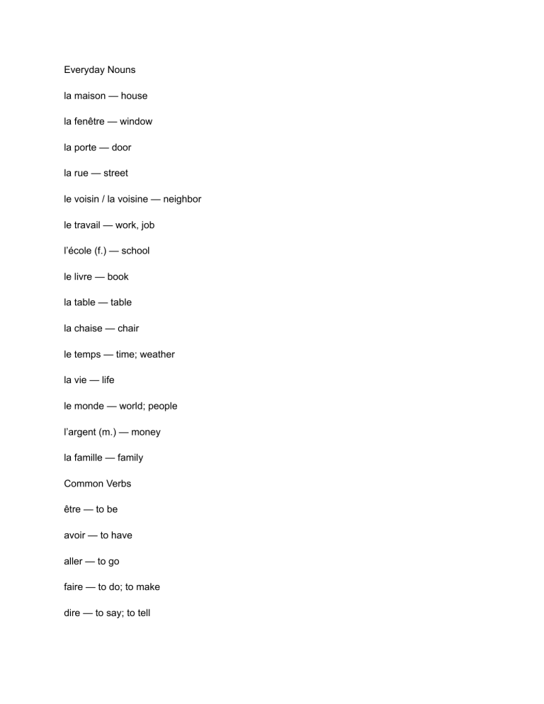 Basic French Vocabulary: Everyday Nouns, Verbs, Adjectives