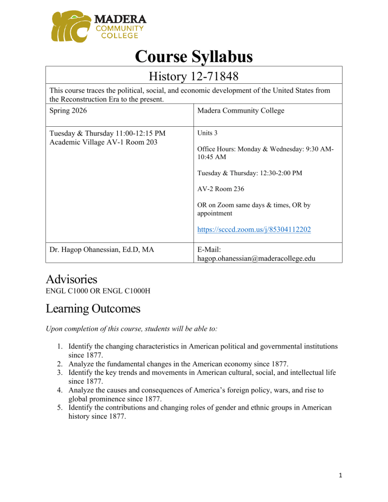 History 12 Syllabus: US History Reconstruction to Present