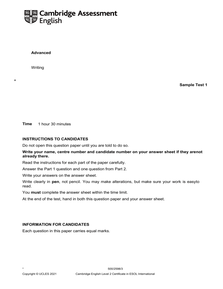 Cambridge ESOL Writing Sample Test