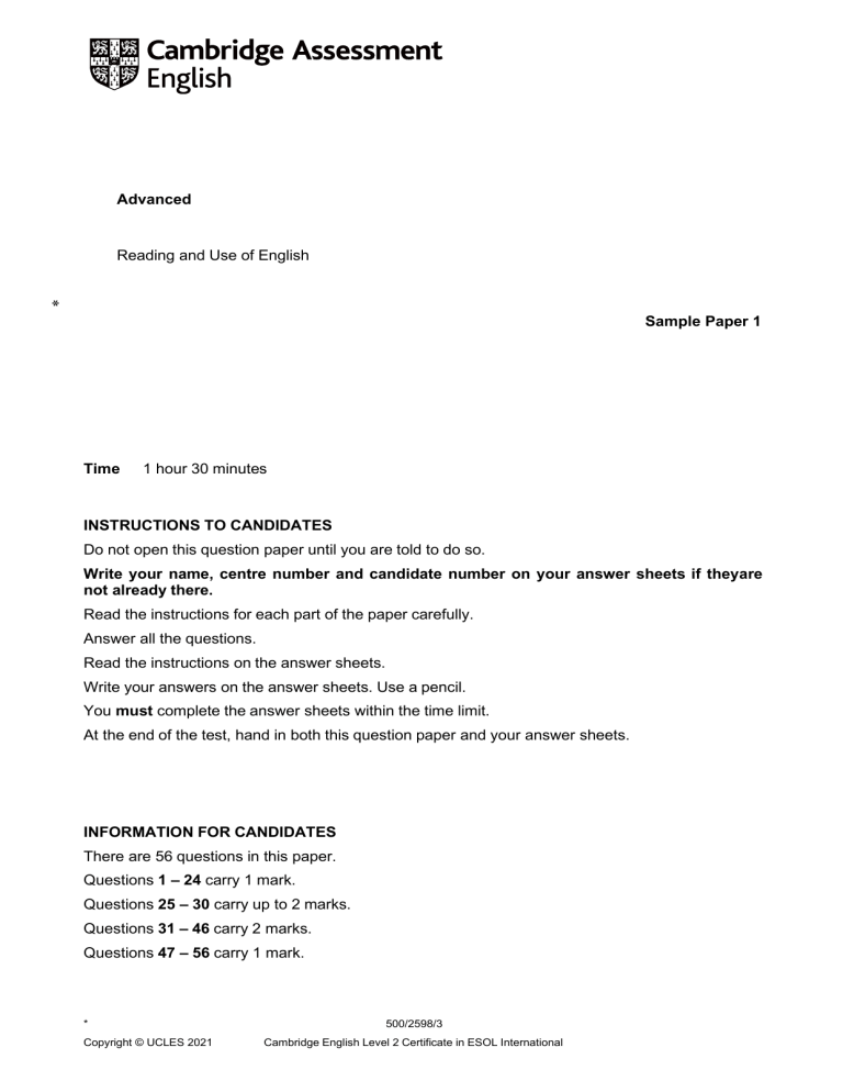 Cambridge Advanced English Sample Paper 1