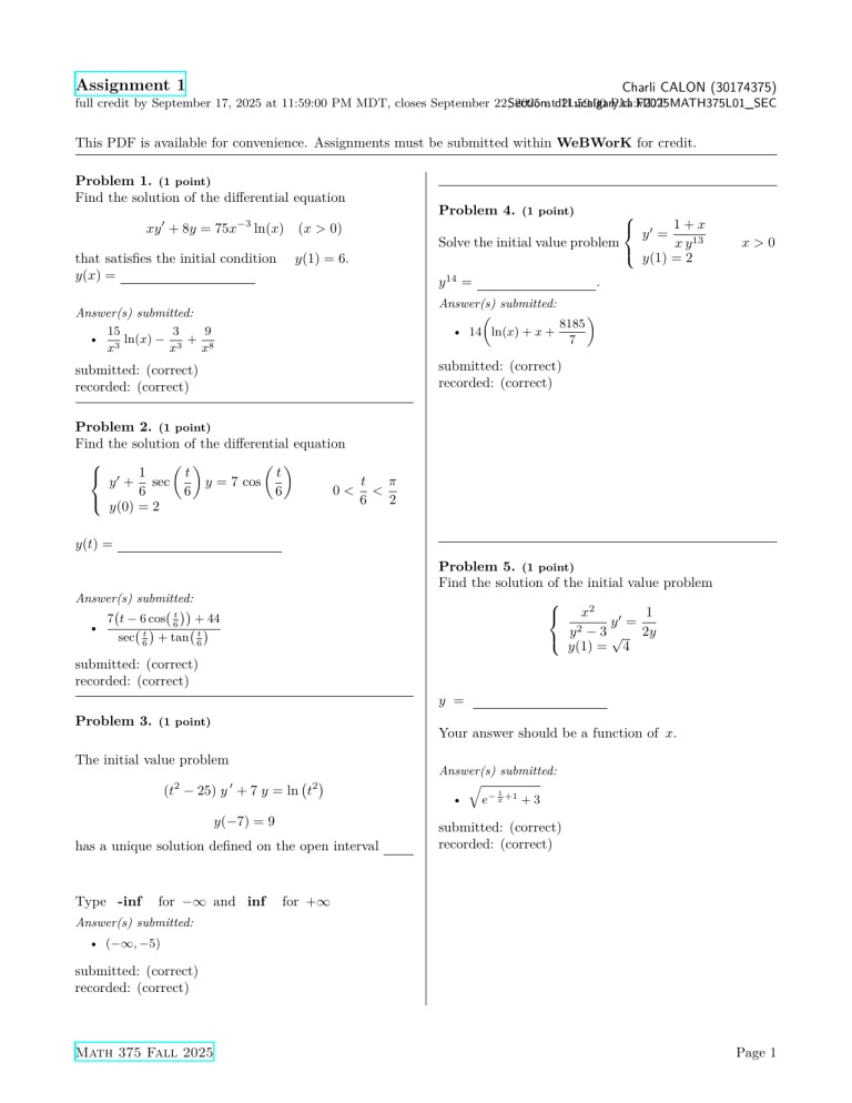 Math 375 Differential Equations Assignment