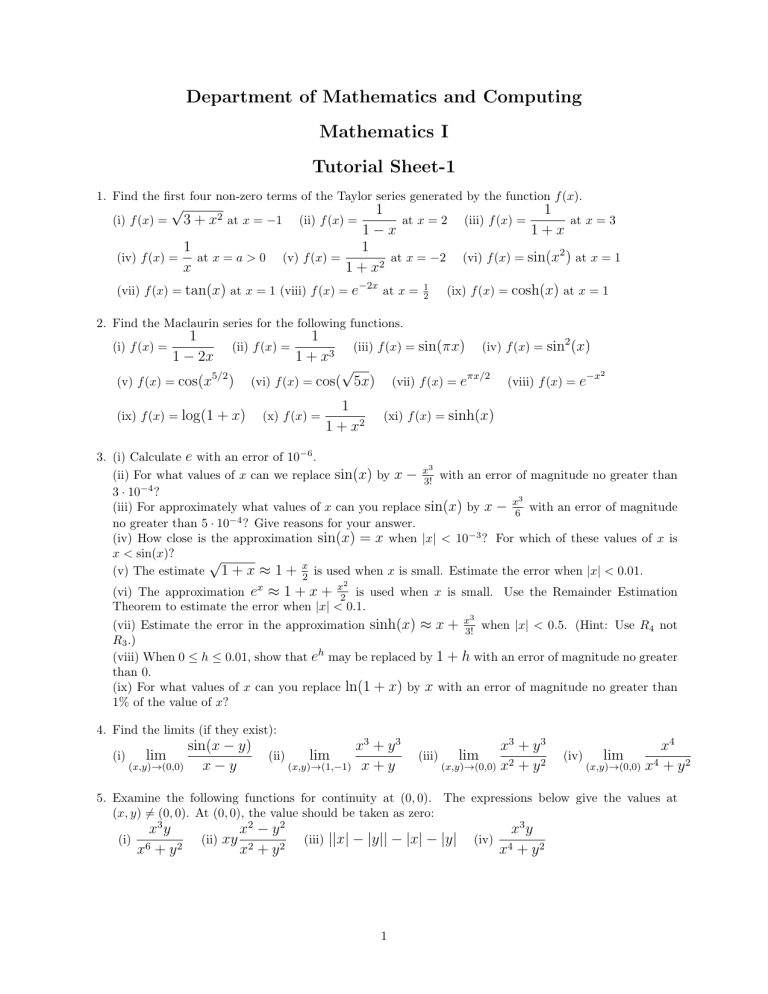 Mathematics I Tutorial Sheet on Calculus