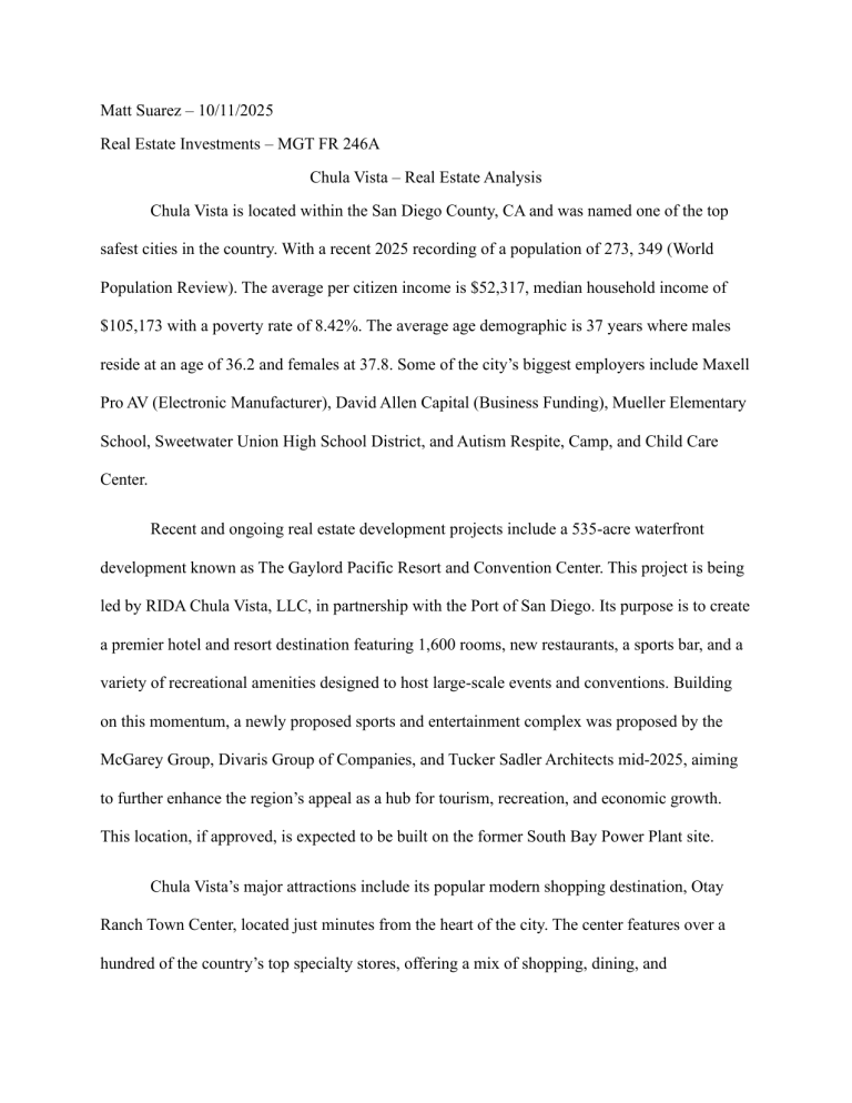 Chula Vista Real Estate Investment Analysis