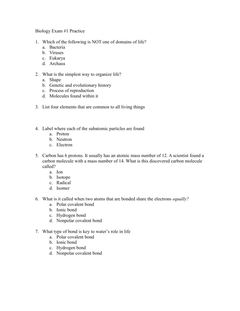 Biology Exam #1 Practice: Domains, Cells, and Chemistry