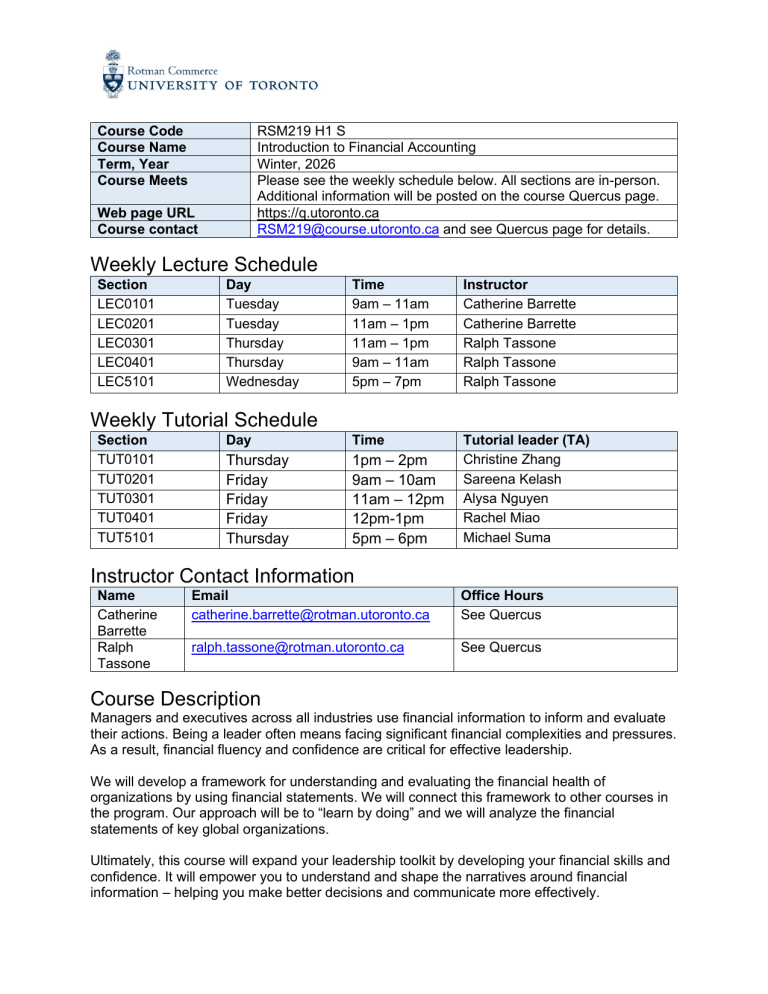 RSM219 H1 S: Introduction to Financial Accounting Syllabus