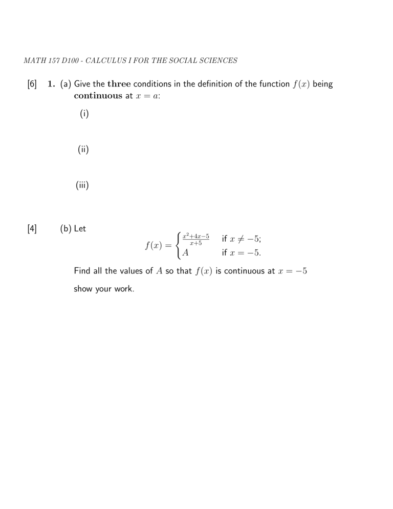 MATH 157 Calculus I Final Exam