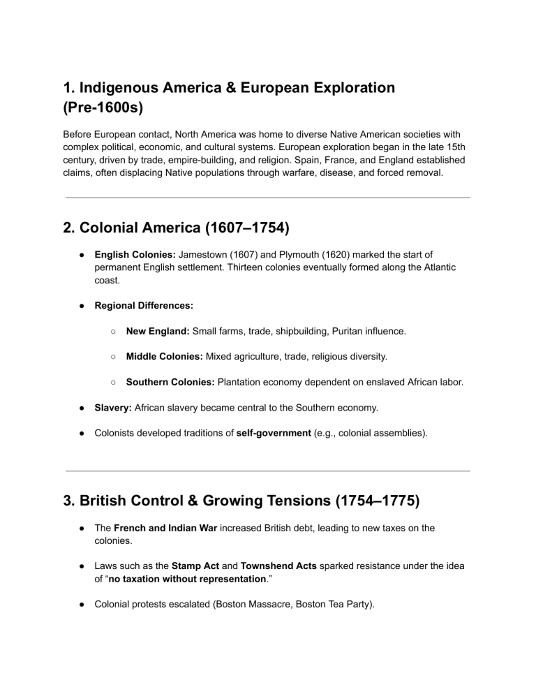 US History Study Guide (Pre-1600s-1861)
