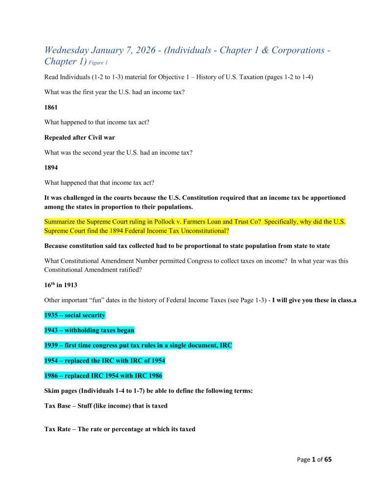 U.S. Taxation History & Basics - Individuals & Corporations Chapters