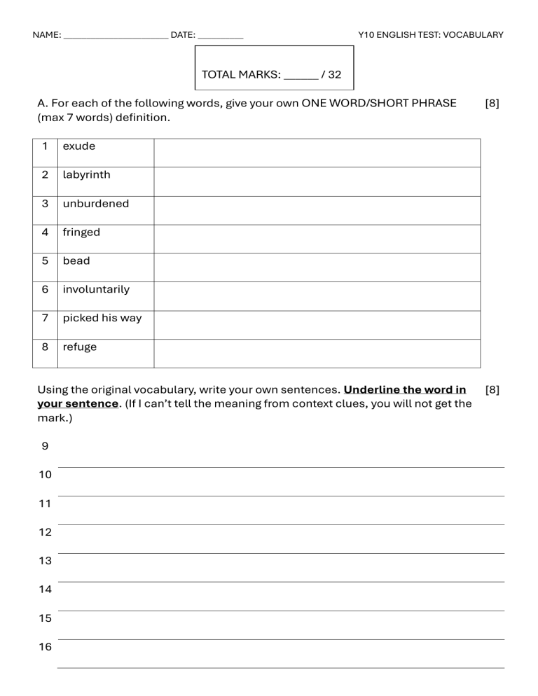 Y10 English Vocabulary Test