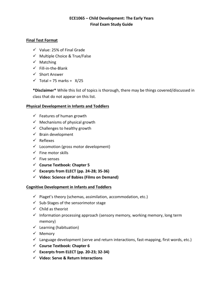 ECE1065 Child Development Final Exam Study Guide
