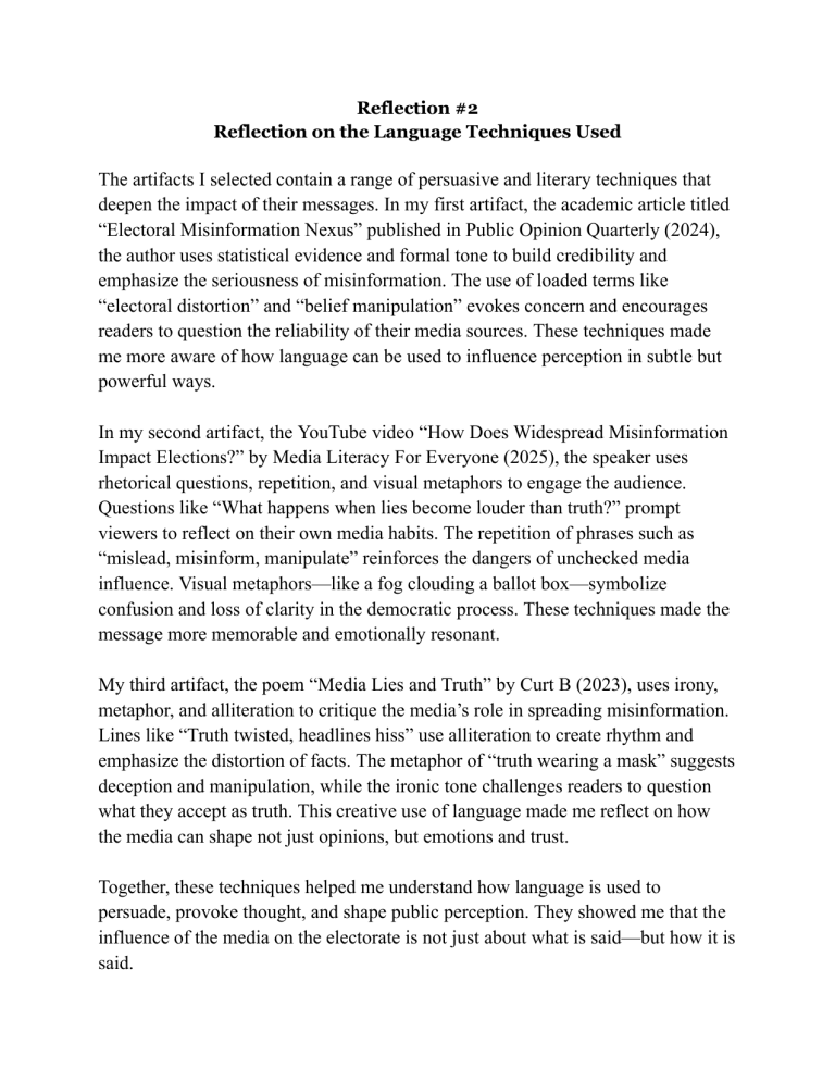 Reflection on Language Techniques in Electoral Misinformation