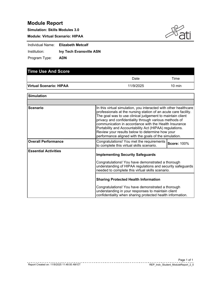 HIPAA Virtual Scenario Module Report: Nursing Privacy Compliance