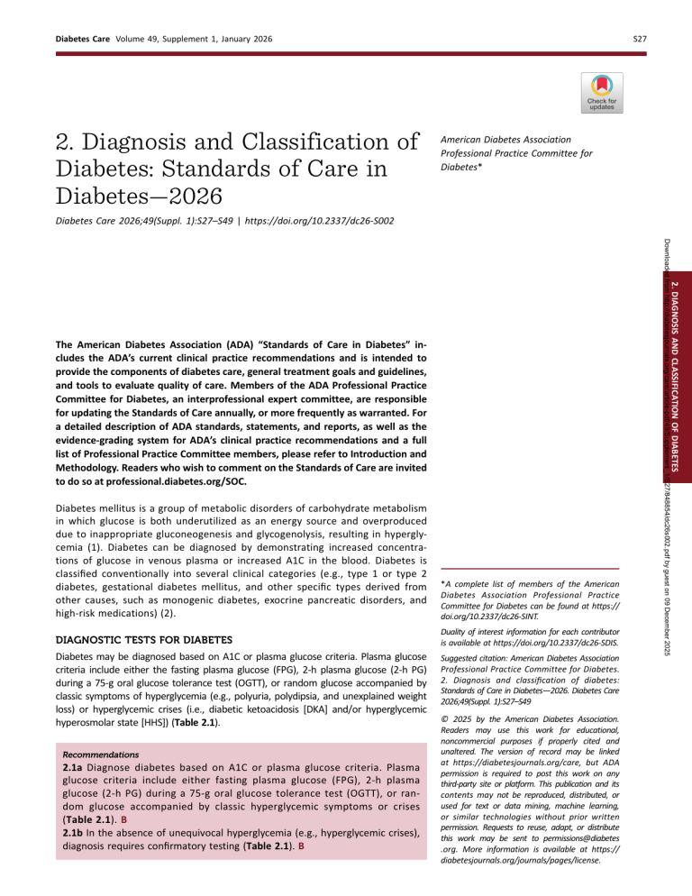 ADA Standards of Care 2026: Diabetes Diagnosis & Classification