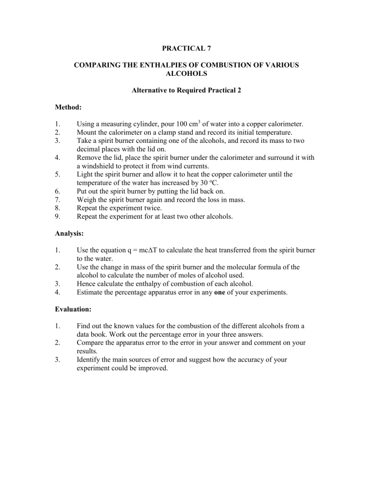 Chemistry Practical: Enthalpy of Combustion of Alcohols