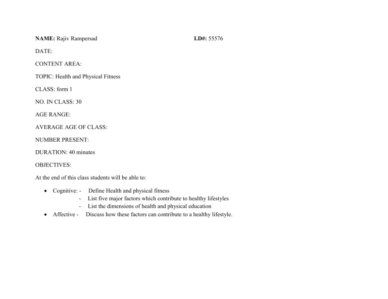 Health & Fitness Lesson Plan for Form 1
