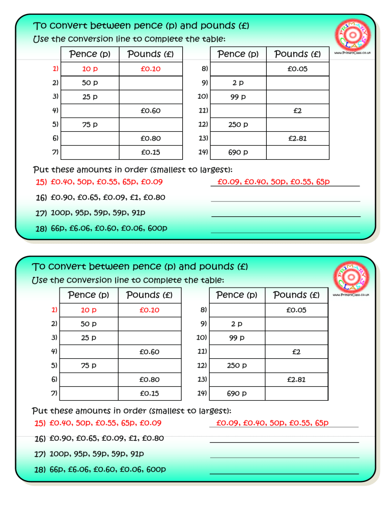 Pence to Pounds Conversion Worksheet