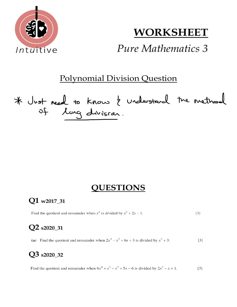 Pure Mathematics 3 Polynomial Division Worksheet