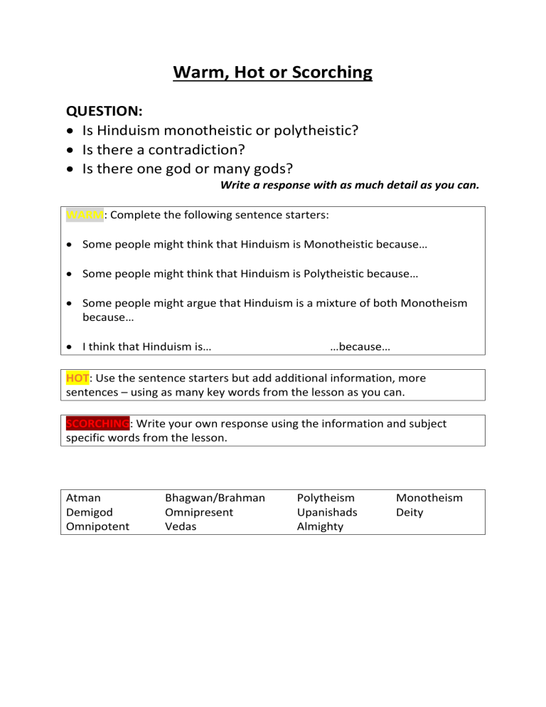 Hinduism Monotheism or Polytheism Worksheet