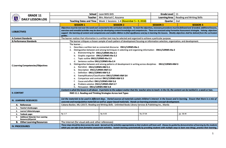 Grade 11 Reading and Writing DLL
