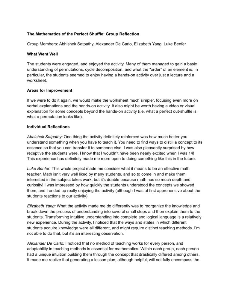The Mathematics of the Perfect Shuffle: Group Reflection