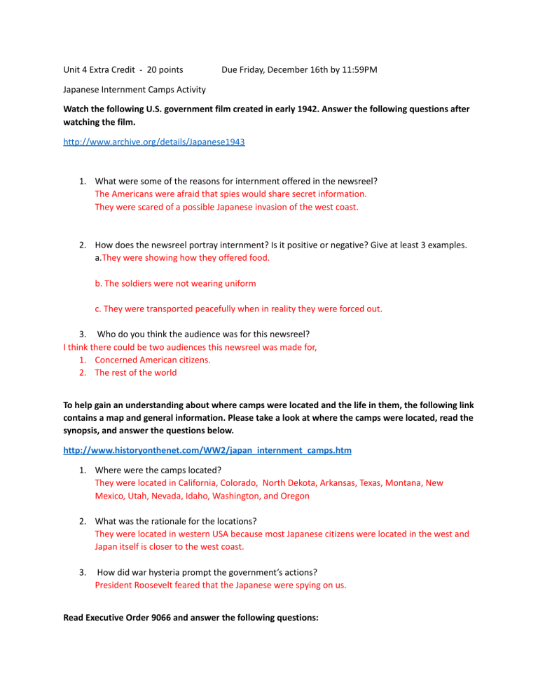 Japanese Internment Camps Activity Assignment