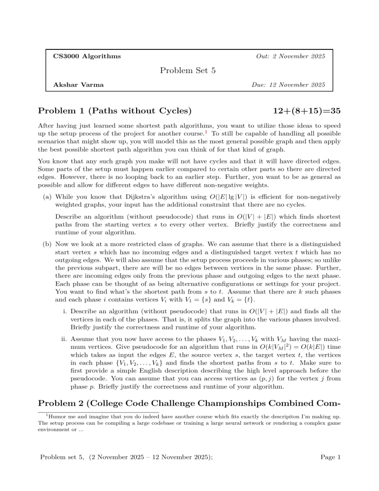 CS3000 Algorithms Problem Set 5: Shortest Paths & MSTs