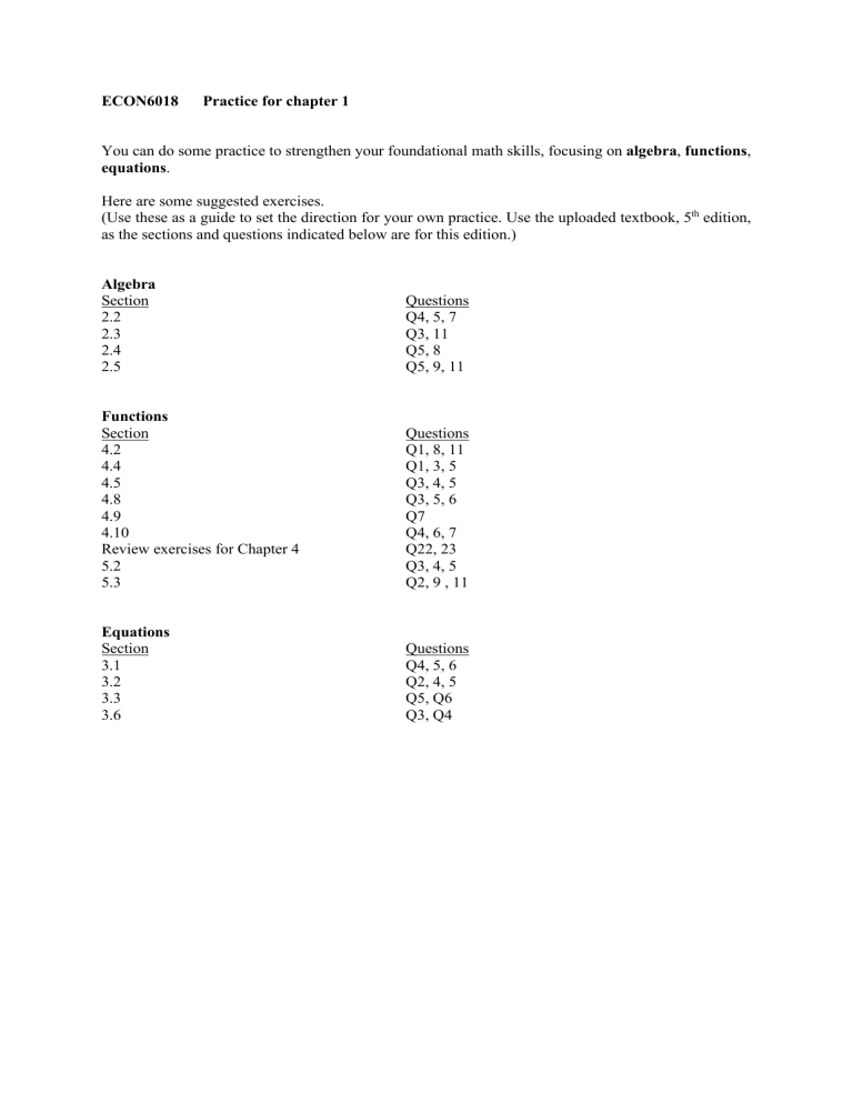 ECON6018 Math Practice: Algebra, Functions, Equations