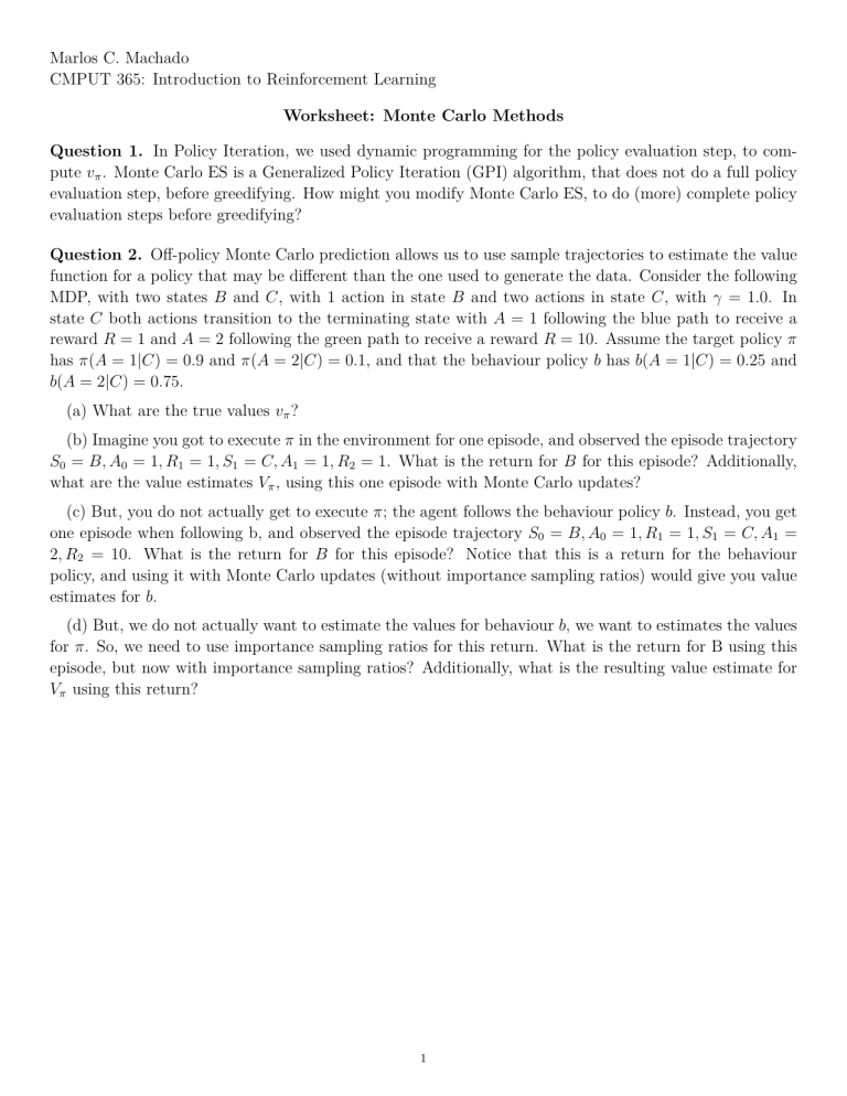 Monte Carlo Methods Worksheet: Reinforcement Learning Questions