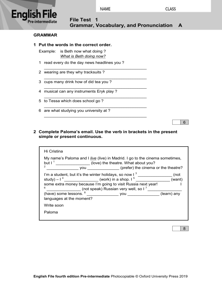 English File Pre-intermediate Test 1: Grammar, Vocabulary, Pronunciation