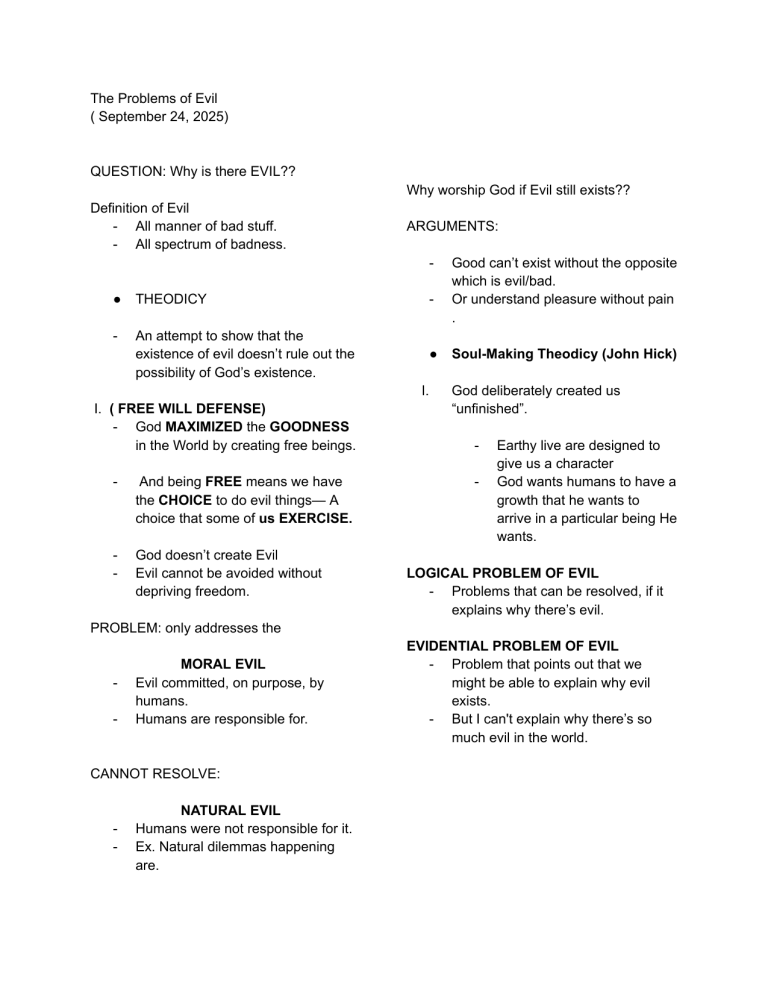 The Problem of Evil: Philosophical Arguments & Theodicy