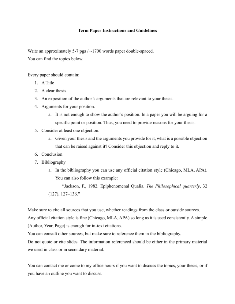 Philosophy Term Paper Instructions