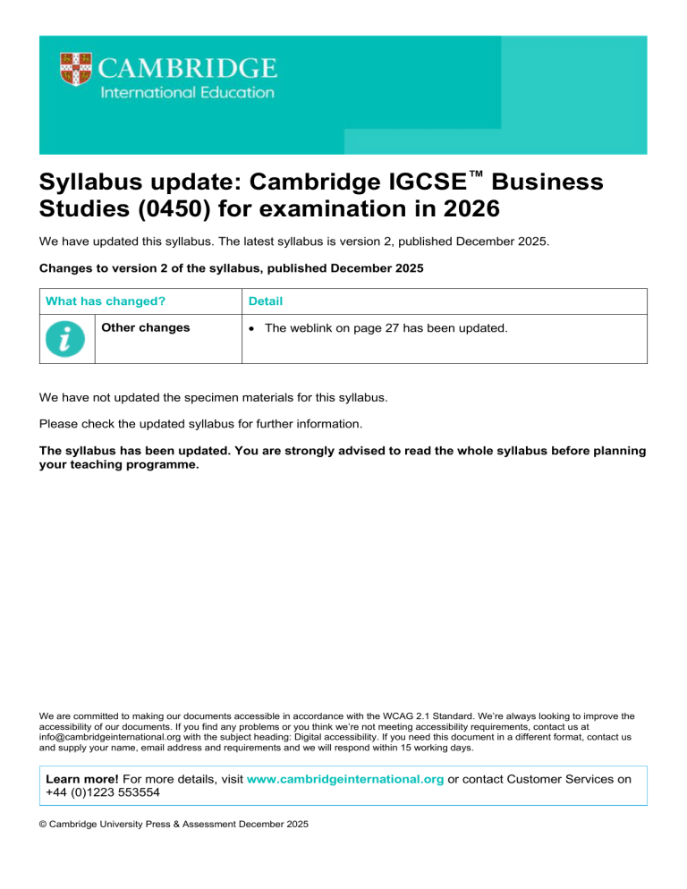 Cambridge IGCSE Business Studies 0450 Syllabus 2026