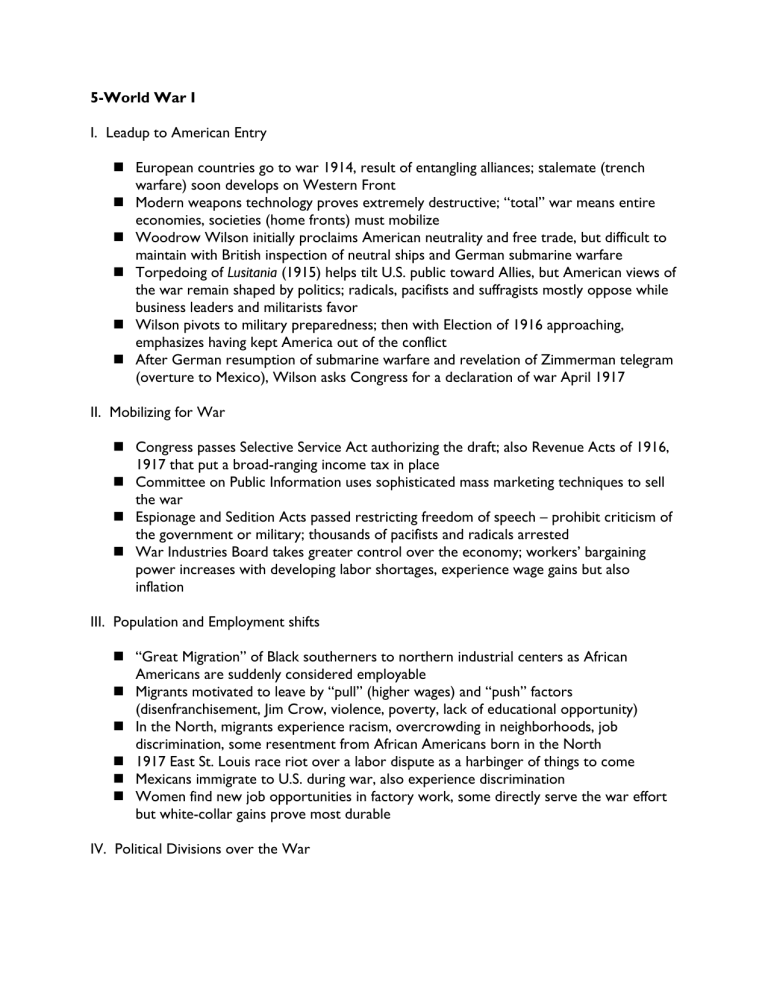 World War I Outline: US Entry & Aftermath