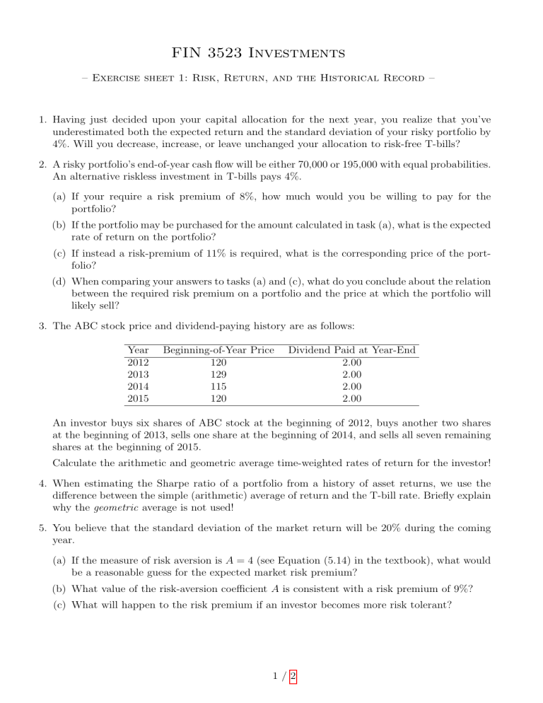 FIN 3523 Investments Exercise Sheet 1: Risk, Return, Historical Record